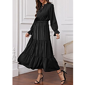 KIRUNDO Women's 2023 Fall Long Sleeve Tie Crew Neck Maxi Dress Casual Empire Waist Boho Ruffle Flowy Long Dresses(Black, Medium)