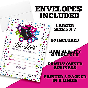 Let’s Roll Star Roller Skating Birthday Party Invitations, 20 5x7 Fill In Cards with Twenty White Envelopes by AmandaCreation
