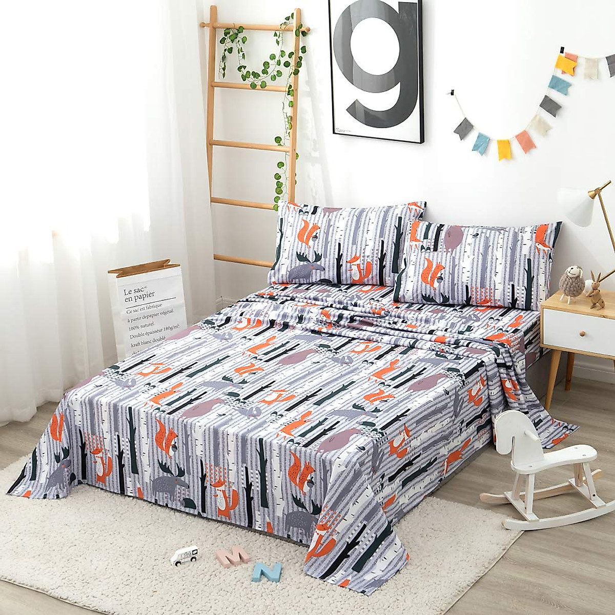 JSD Kids Printed Sheets Set Twin, Cute Forest Animals Fox Soft Microfiber Bed Sheets for Boys Girls, 3 Pieces