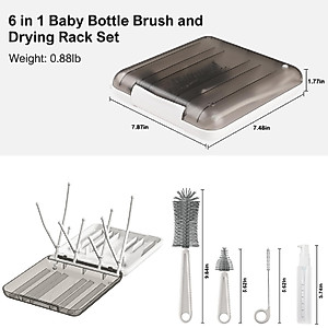 6 in 1 Bottle Cleaning Brush Set with Silicone Bottle Brush, Nipple Brush, Straw Brush, Soap Dispenser, Drying Rack for Baby Bottle and Water Bottle, Space Saving Baby Essentials for Home and Travel