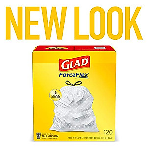 GLAD ForceFlex Tall Drawstring Trash Bags, 13 Gallon White Trash Bags for Tall Kitchen Trash Can, Unscented Leak Protection Bags, 120 Count - Packaging May Vary