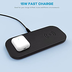 ZealSound Dual Fast Wireless Charger,15W Max Wireless Charging Pad with DC Adapter for Multiple Devices,PU Leather Charging Mat Charge Station for Phones Smartphones New AirPod Pro Galaxy Buds(Black)