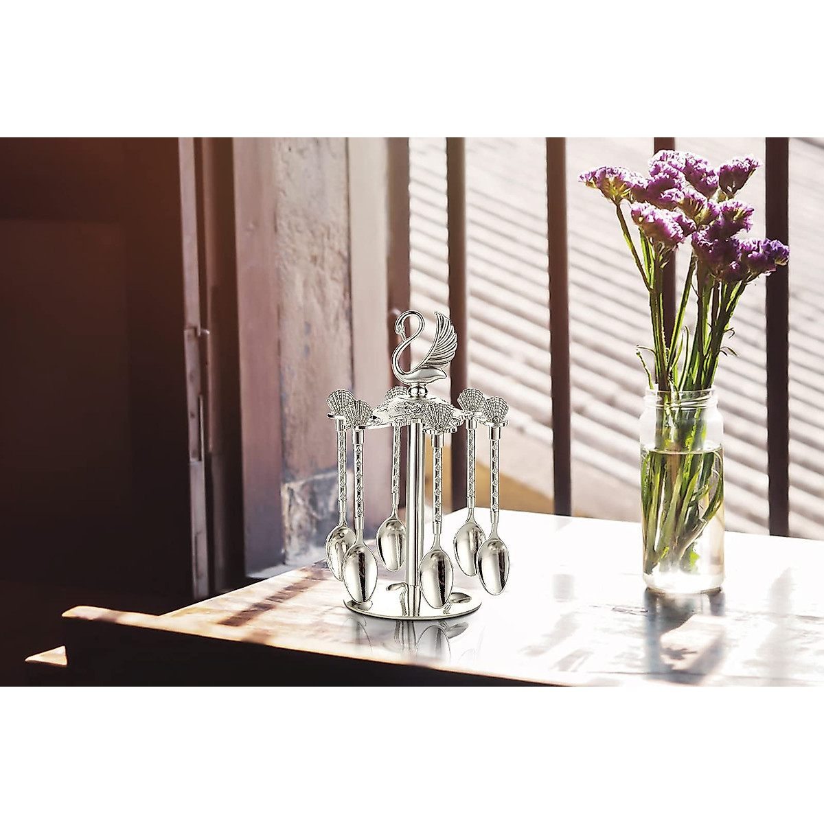 Decorative Swan Base Holder with 6 Spoons, Teaspoons, Coffee Dessert Spoons Set for Fruit, Stirring, Mixing, Sugar, Ice Cream, Cake (Silver)