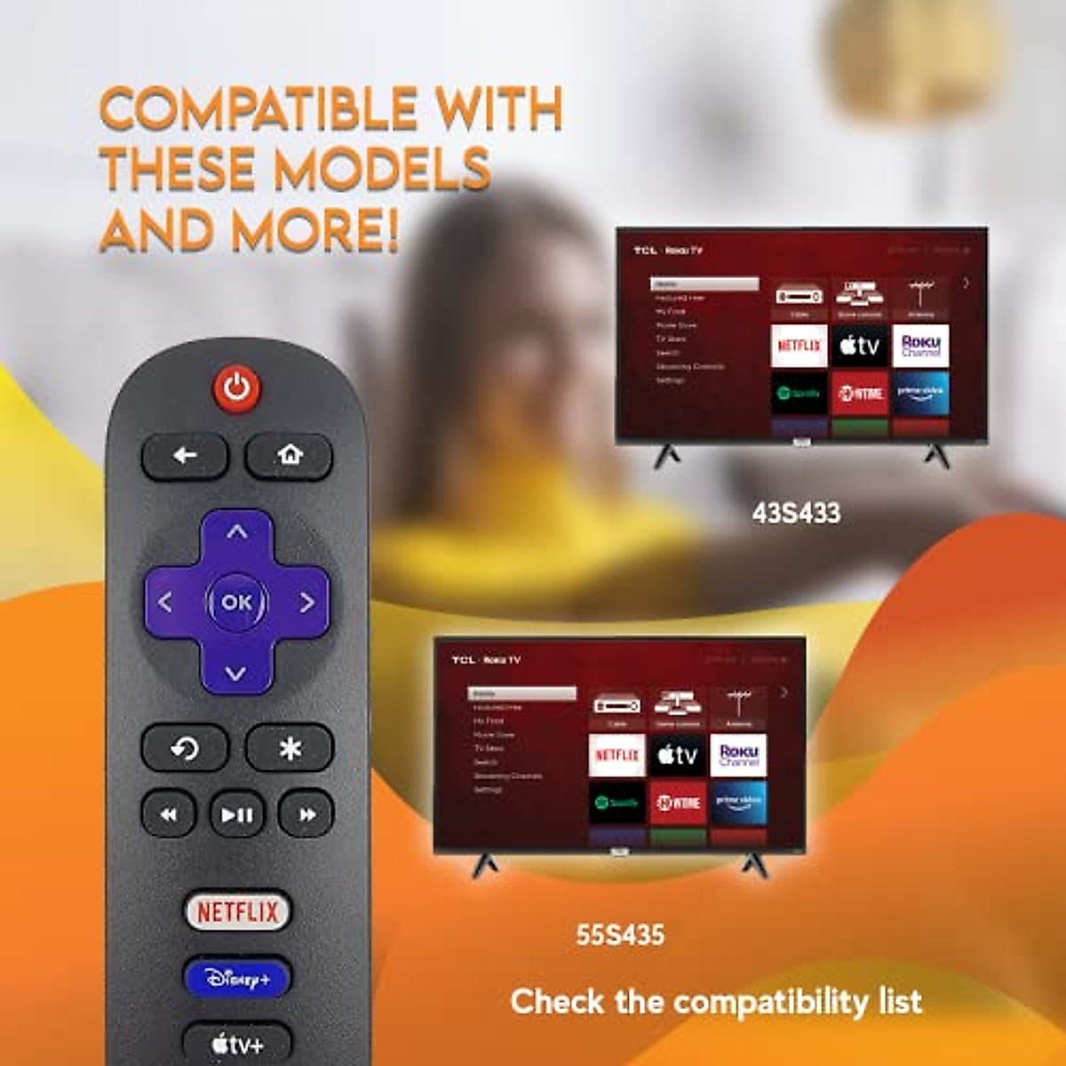 Ceybo OEM 21001-00071 Remote Control for TCL Roku TV Includes Netflix, Disney+, Apple TV & HBOMax Shortcuts 32S327, 32S335, 43S433, 43S435, 50S435, 55S435, 65S435