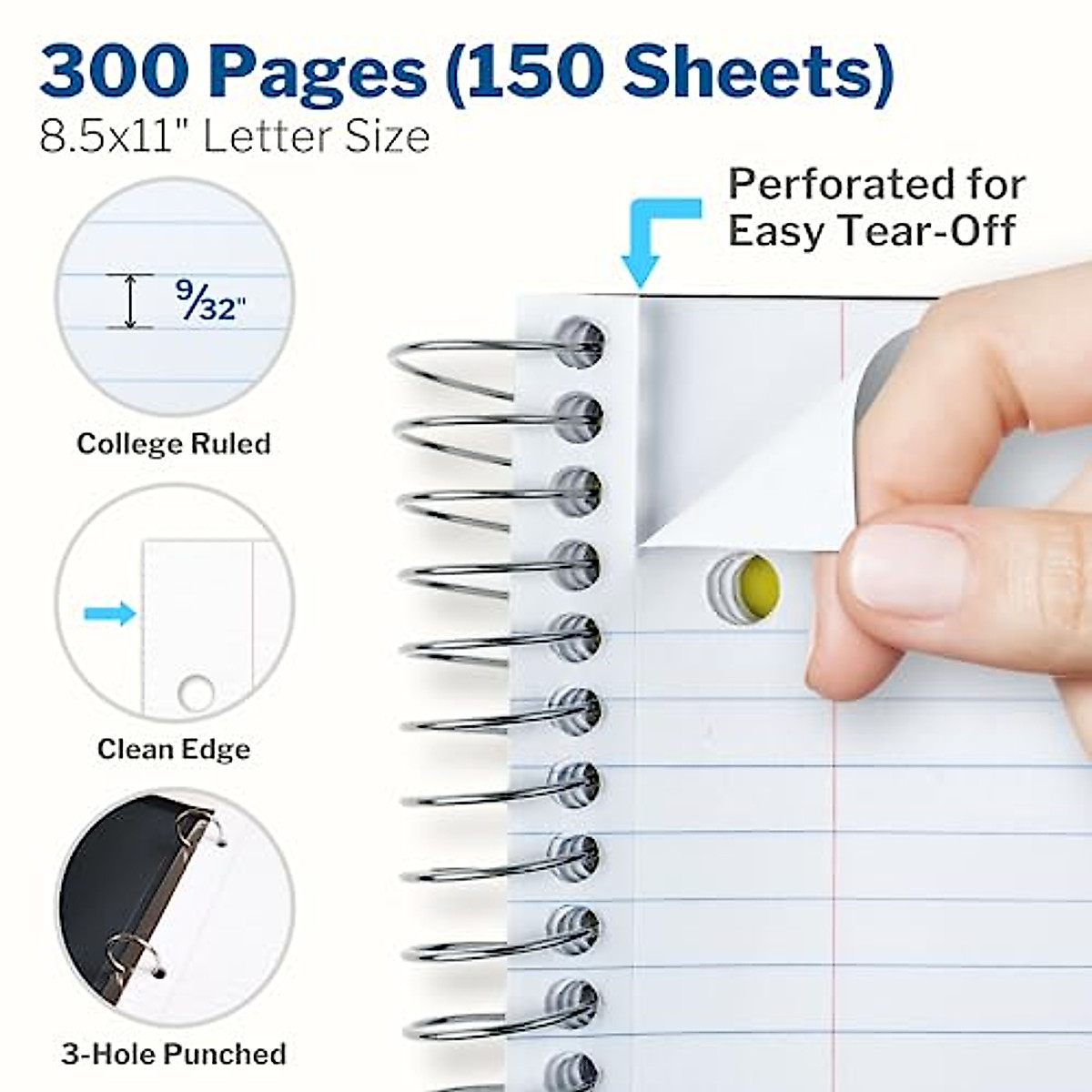 CRANBURY 3-Subject Notebook College Ruled - 300 Pages (150 Sheets) Spiral Notebook 8.5 x 11 with Pockets, Dividers, Tabs, Dual Plastic Covers, School Supplies Multi Subject Notebook