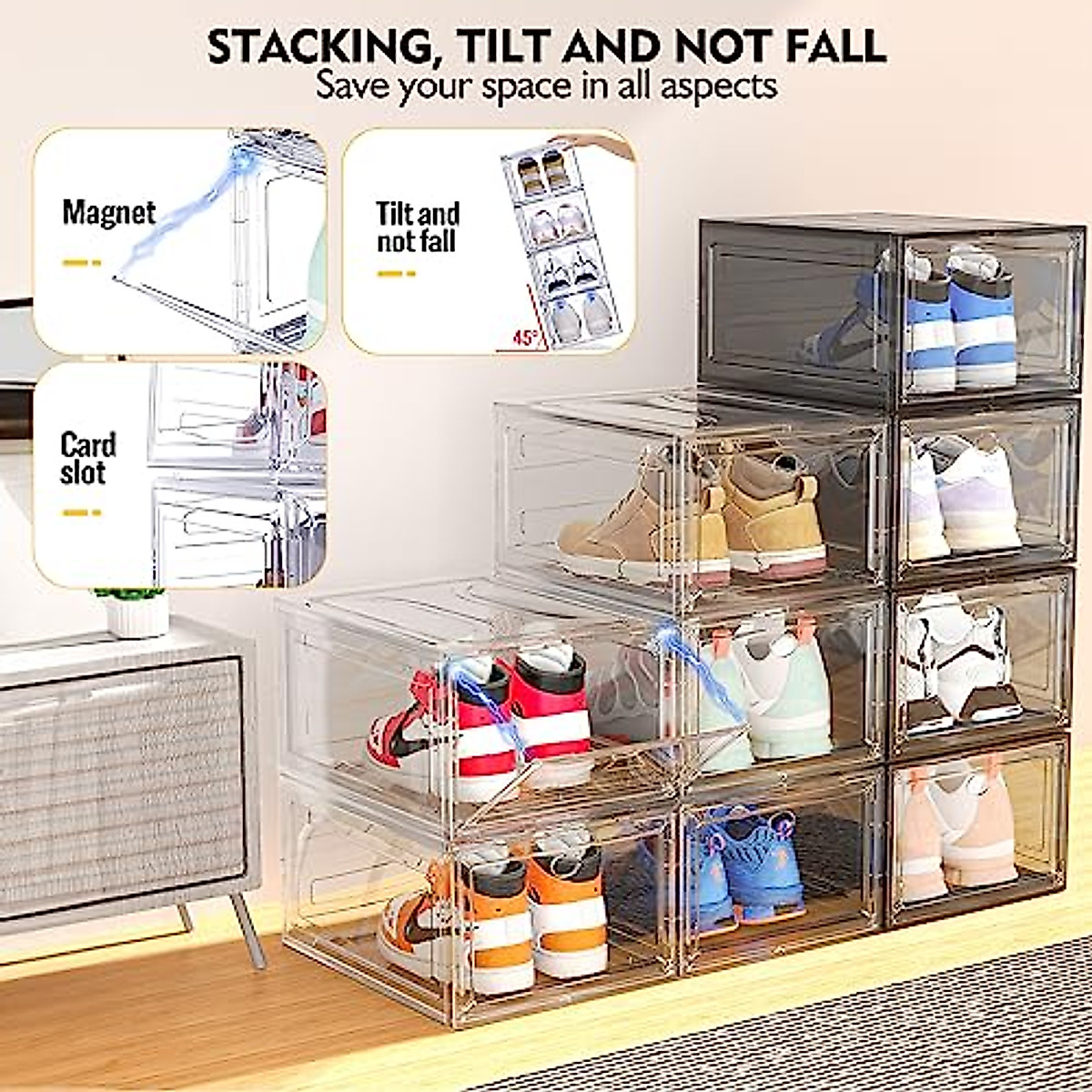 Upgrade Harder Solid Plastic Shoe Organizer, Shoe Storage with Magnetic Front Door, 6 Pack Shoe Boxes Clear Plastic Stackable, Sneaker Storage, Shoe Organizer for Closet, Shoe Display Case , White