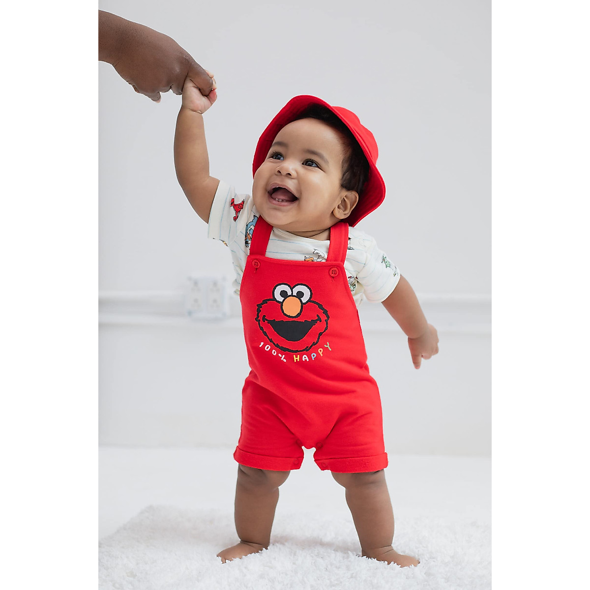 Sesame Street Elmo Newborn Baby Boys French Terry Short Overalls T-Shirt and Hat 3 Piece Outfit Set Red/White 0-3 Months