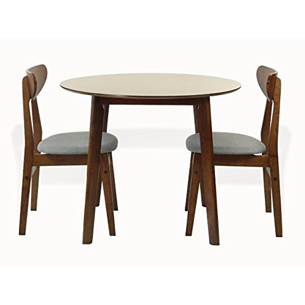 Set of 3 Dining Kitchen Round Table and 2 Yumiko Side Chairs Solid Wood w/Padded Seat Medium Brown