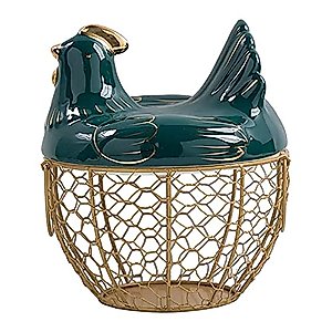 Egg Basket Metal Wire Fruit Basket with Chicken Shape Lid Ceramic Egg Holder, Holds 30 Eggs