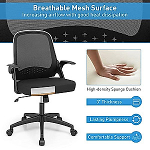 COSTWAY Mesh Office Chair, Adjustable Swivel Executive Chair with Flip-up Armrest, Lumbar Support and Rocking Backrest, Ergonomic Breathable Computer Desk Chair for Home Office (Black)