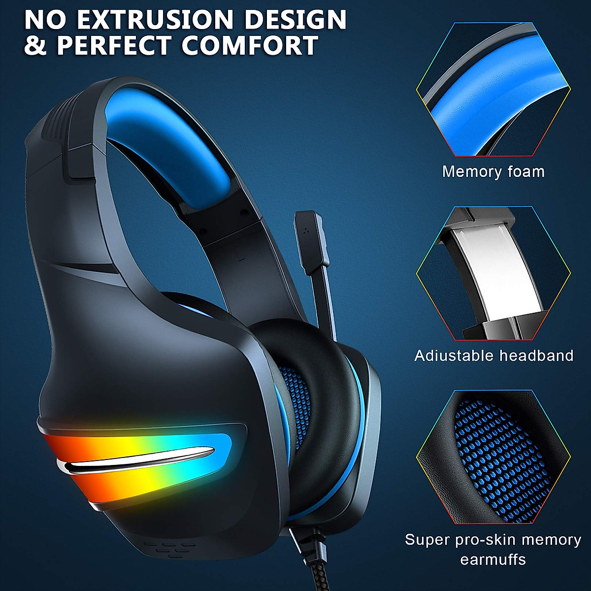 LMPOHO PC Gaming Headset with Stereo Surround Sound, J6 Wired Computer Over Ear Headphones for PS4, PS5, Nintendo Switch, Xbox One, with Noise Isolating Mic & RGB Light & Comfort Earmuff - Blue