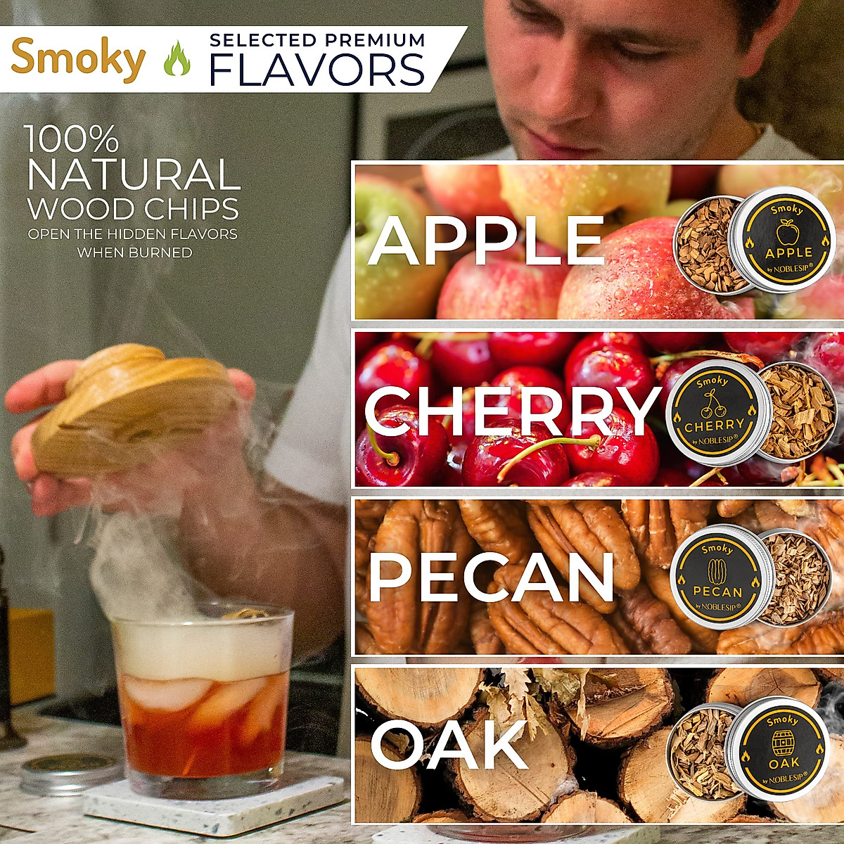 Whiskey Smoker Kit 𝗣𝗥𝗘𝗠𝗜𝗨𝗠 Smoky by NOBLESIP - Complete Bar Set to Smoke your Old Fashioneds and all your Favorite Cocktails. Great gift for Whisky, Bourbon, and Scotch lovers. 100% Natural Oak