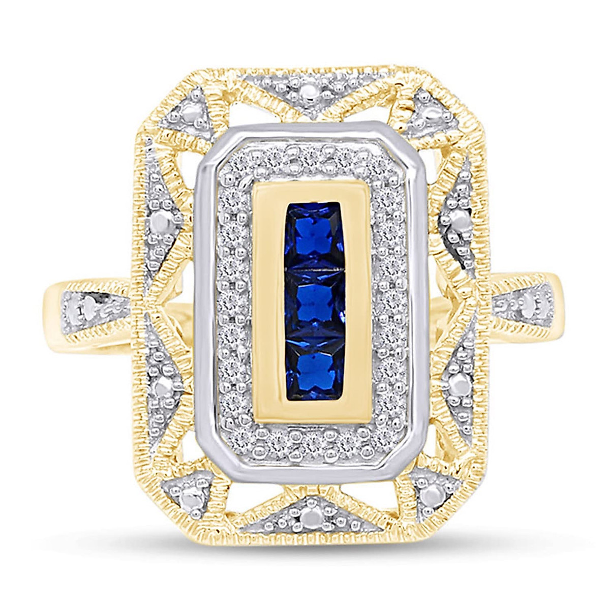 14K Yellow Gold Over Sterling Silver Simulated Blue Sapphire & Diamond Accent Art Deco-Style Ring (1/10 cttw, I-J Color, I3 Clarity) Ring Size-7