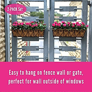 LaLaGreen Wall Hanging Planters - 2 Pack, 30 Inch Deck Railing Hanging Pot, Over the Rail Flower Boxes Black Window Plant Basket Attach to House Outdoor with Coco Liner Metal Fence Balcony Patio Porch