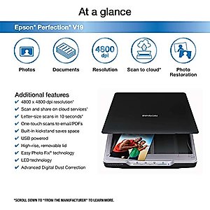 Epson Perfection V19 Color Photo & Document Scanner with scan-to-cloud & 4800 dpi optical resolution , Black