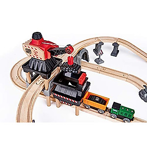 Hape Crane and Cargo Train Set | Wooden Railway Toy Set with Magnetic Crane, Button Operated Loader and Adjustable Rail Signal
