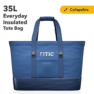 RTIC Everyday Insulated Tote Bag, Large Reusable Thermal Cooler with Zippered Top for Beach, Grocery, Shopping, Camping, Picnic, Travel, 35 L Capacity, Navy