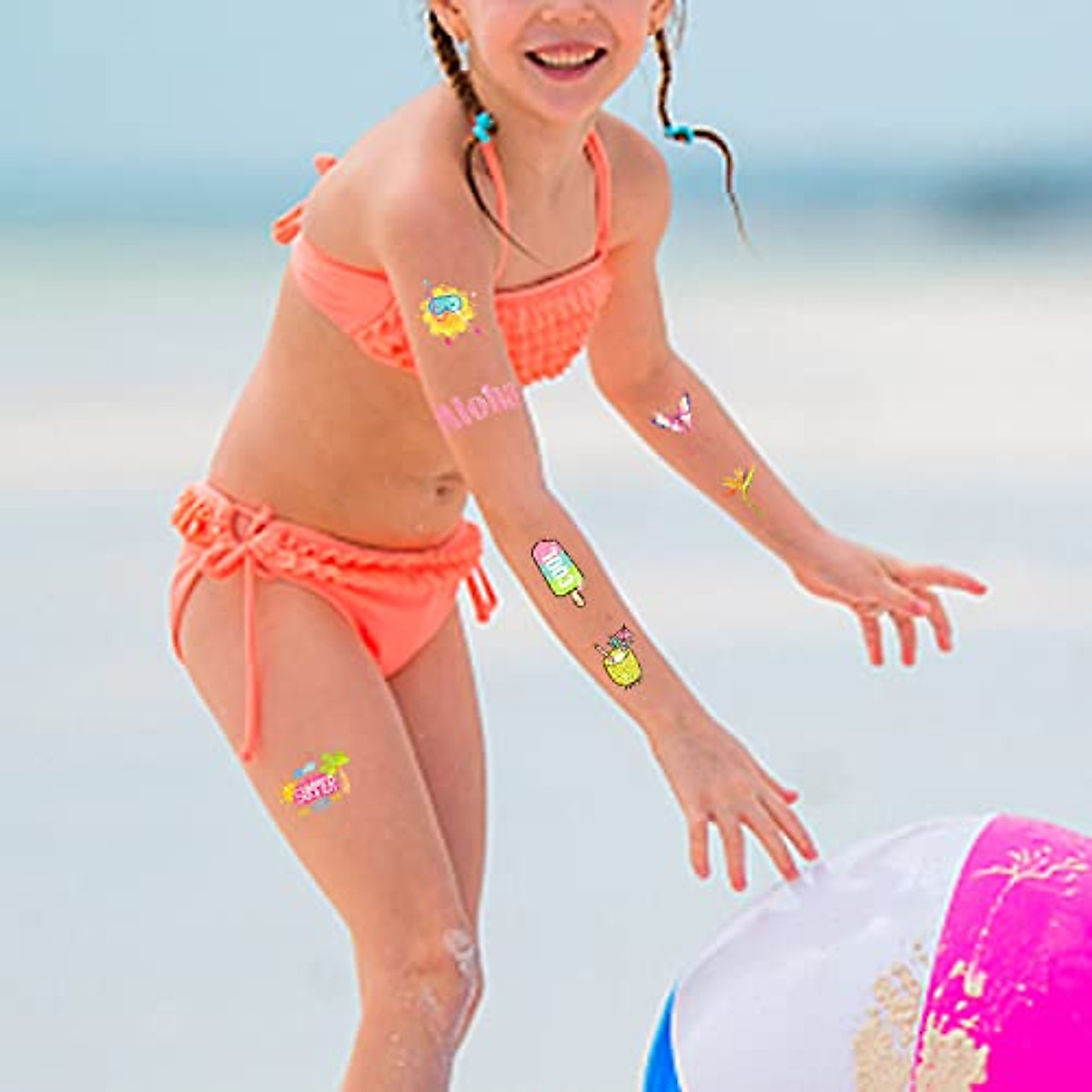 Glitter Summer Tattoos Temporary For Kids Hawaiian Luau Themed Tattoos Tropical Beach Waterproof Tattoos Stickers Pool Party Favors Decoration Supplies For Adults