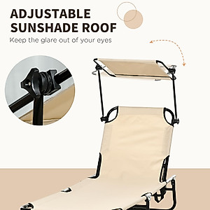 Outsunny Folding Chaise Lounge Pool Lounge Chairs Set of 2, Outdoor Sun Tanning Chairs with Canopy Shade, Reclining Back, Steel Frame and Side Pocket for Beach, Yard, Patio, Tan