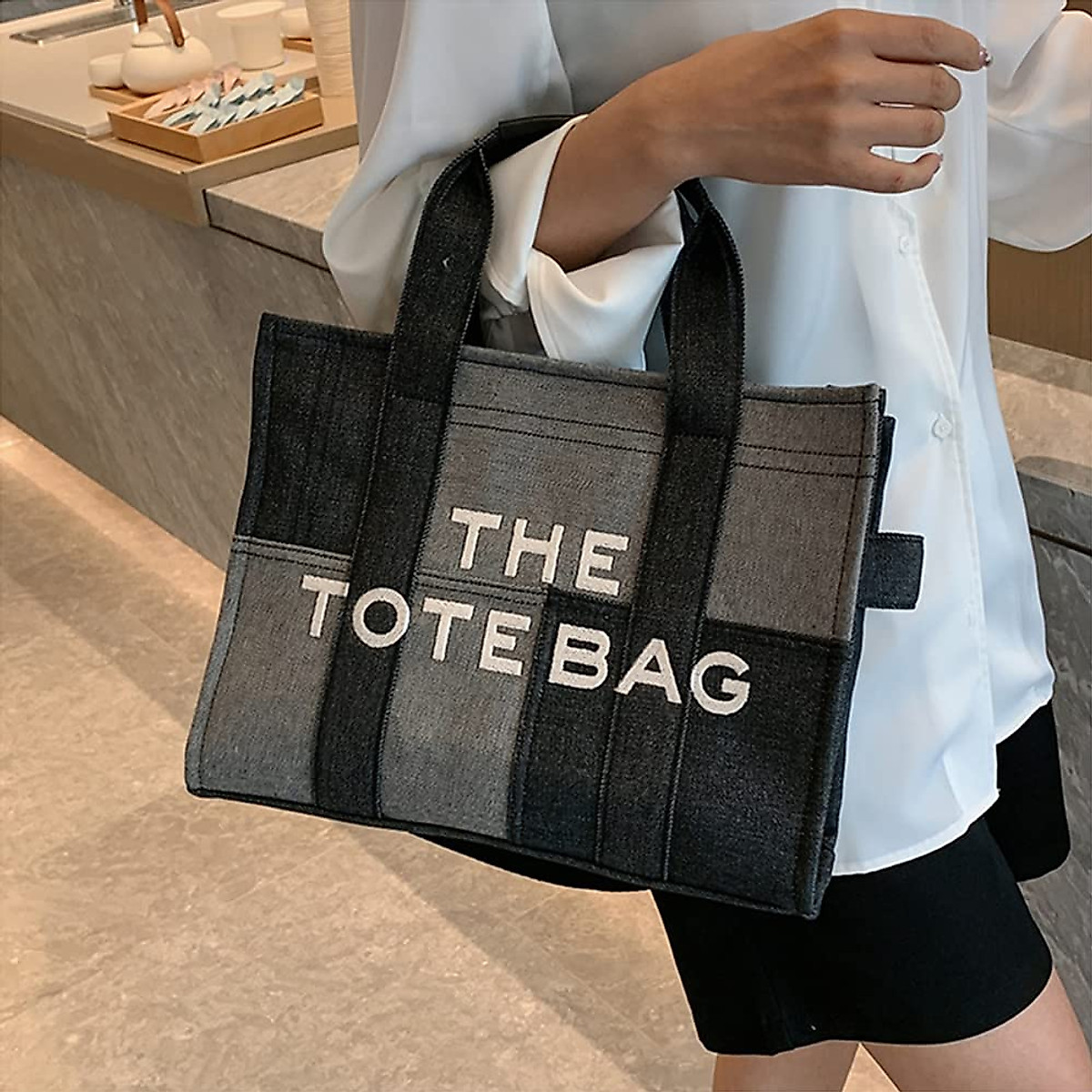 Tote Bag for Women Splicing Denim Handbag Large Capacity Trendy Canvas Crossbody Bags with Zipper Office Travel Black-Small