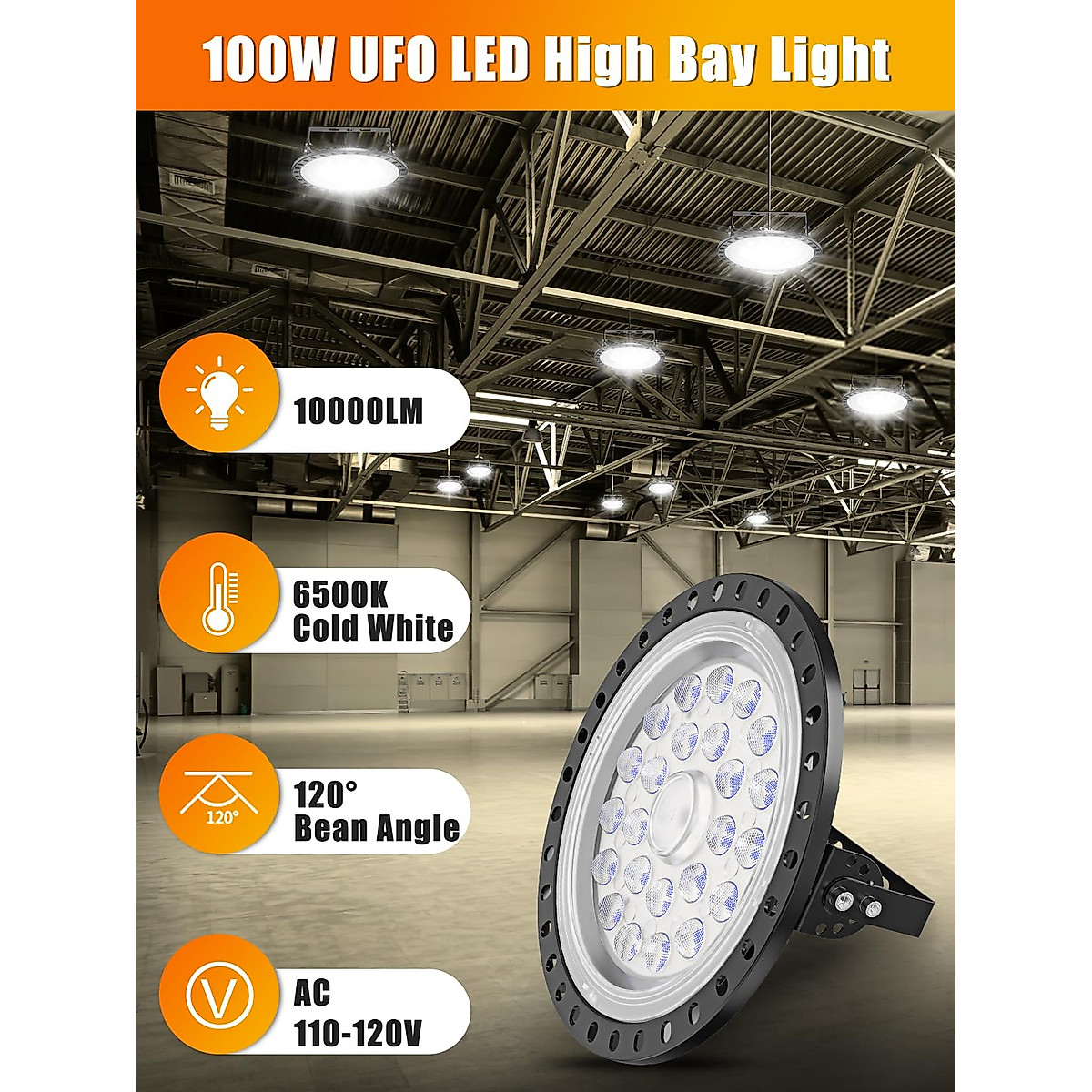 LED High Bay Light, 100W 10000LM Super Bright UFO High Bay LED Lights, 6500K LED Shop Lights, IP54 Warehouse Lights Area Light Fixture Commercial Bay Lighting Bay Lights for Garage Barn Workshop-10