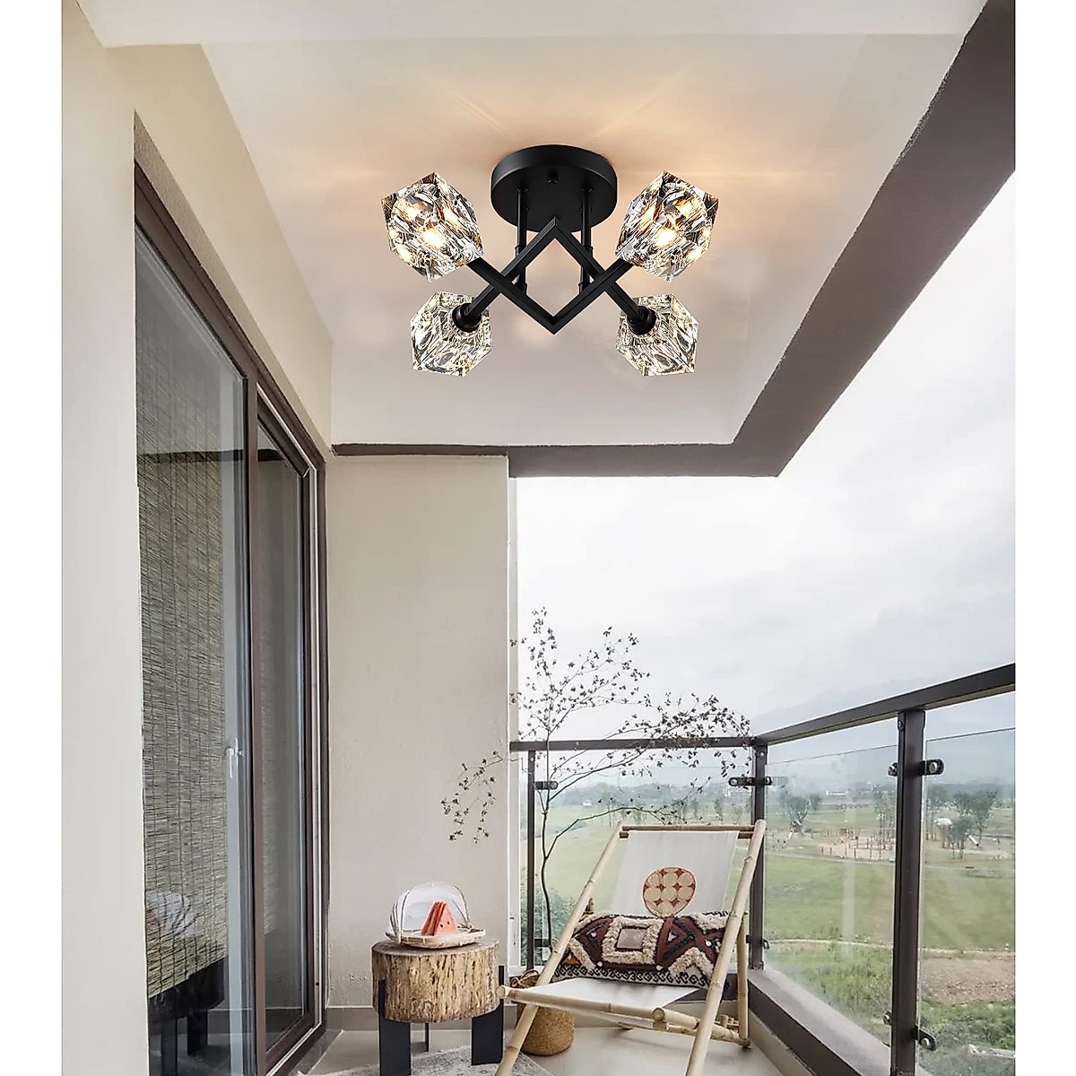 AMZASA Modern Semi Flush Mount Ceiling Light, Black Dining Room Light Fixtures,4-Lights Geometric Crystal Chandelier for Bedroom Entryway Hallway Porch Laundry Room