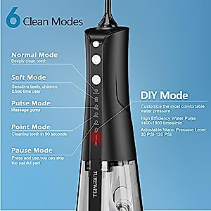 TUREWELL Water Flosser, 300ML Portable Water Teeth Cleaner with 6 Modes, IPX7 Waterproof Oral Irrigator, Waterpick for Travel/Home/Braces (Black)