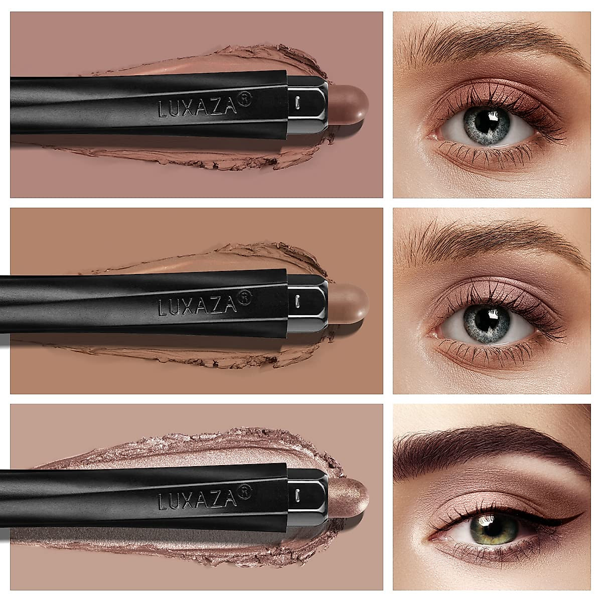 LUXAZA 3Pcs Neutral Brown Eyeshadow Stick Set, Matte And Shimmer Creamy Eyeshadow Pencil, Shiny Pink Shadow, Waterproof Long Lasting Smoky Eye Makeup…