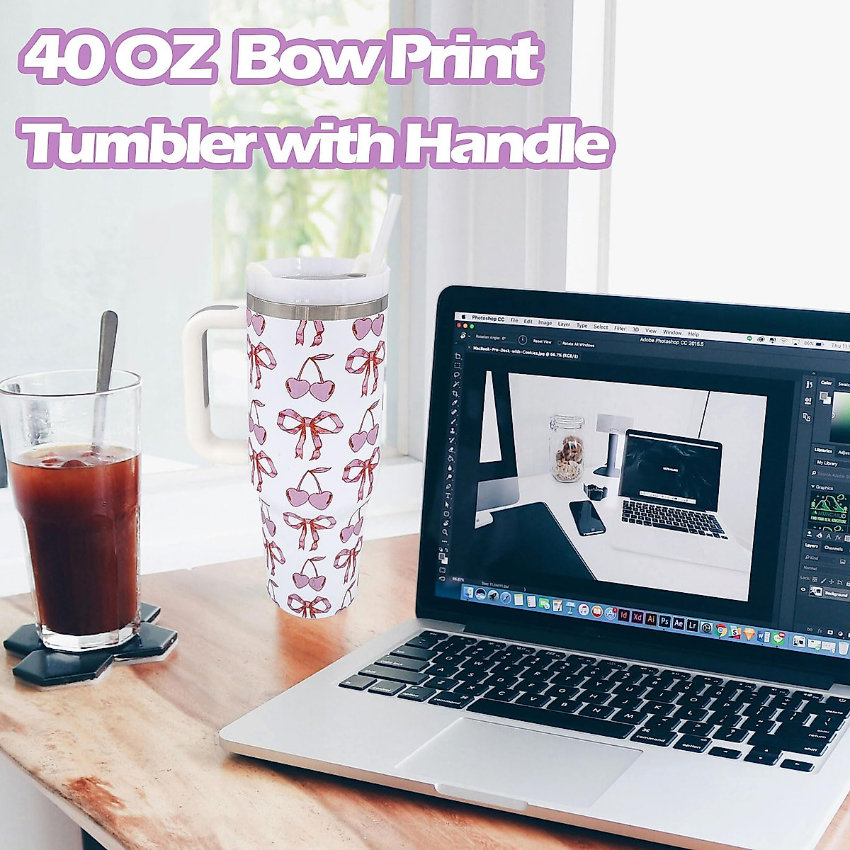 BEGOOD Tumbler with Handle and Straw Lid 100% Leak-proof Travel Coffee Mug Stainless Steel Insulated Cup for Beverages 40OZ Bow Print