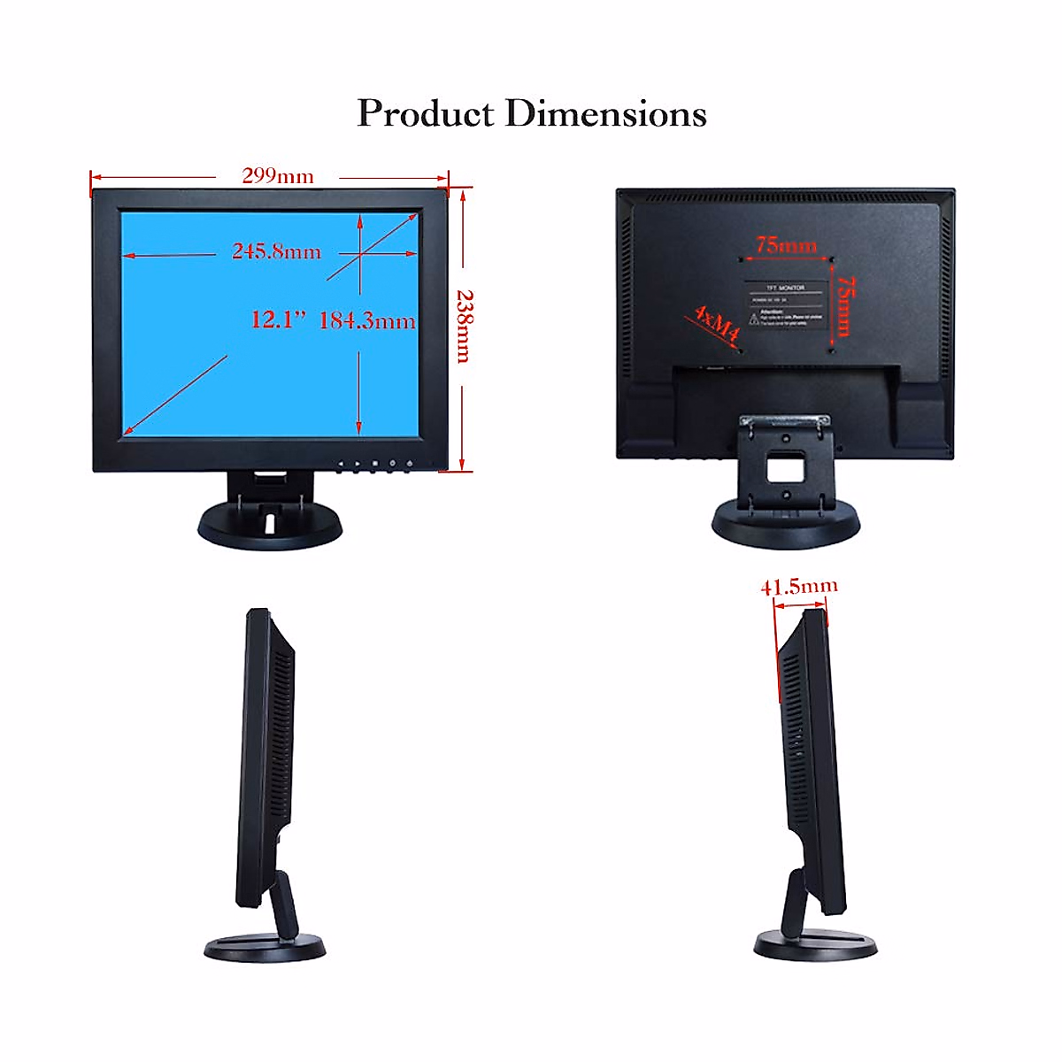 iChawk 12.1" inch Display 800x600 4:3 Positive Screen VGA VESA 75x75mm Portable Wall-mounted Base Desktop POS Ordering Machine PC Monitor LCD Screen Display For Industrial Medical Equipment W121PN-271