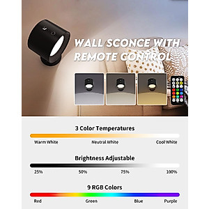 KINGTOP Battery Operated Wall Sconce, Wireless Magnetic Wall Lights with Remote, 9 Colors RGB Rechargeable Ambient Sconce, 3 Color Temp, Dimming & Removable, Wall Mounted Lamp for Bedroom