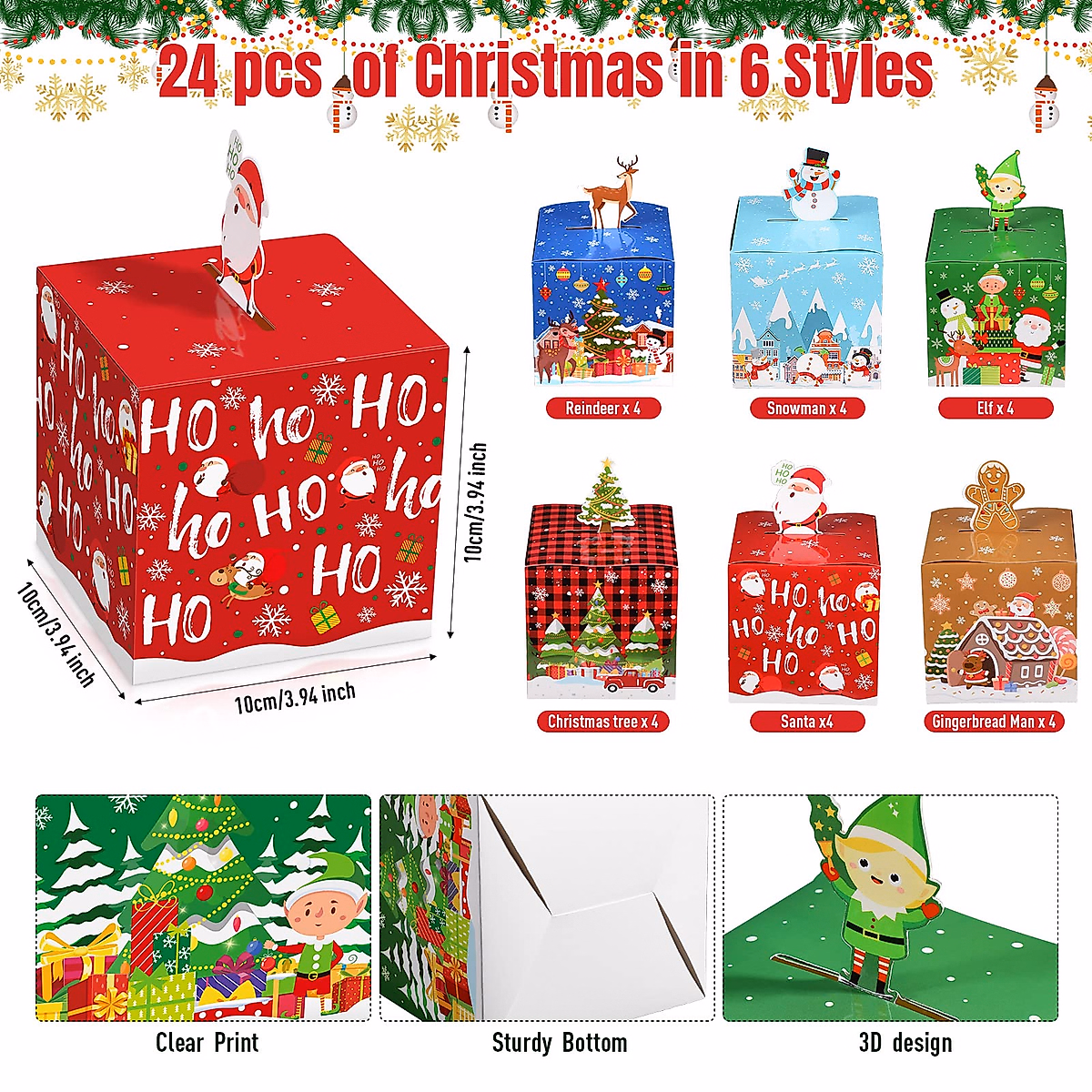 24 Pieces Christmas Gift Boxes 3D Xmas Candy Treat Box for kids Christmas Cookies Boxes Xmas Paper Goody Ornaments Santa Claus Boxes for Xmas Party Favors Supplies Christmas Tree Decoration (Colorful)
