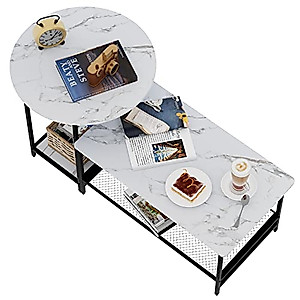 Huhote Nesting Coffee Table Set of 2 Storage End Table Modern White Faux Marble Round and Rectangular Table,2 Tiers Large Table with Metal Frame for Living Room Balcony Cabin Bed Room Dining Room.
