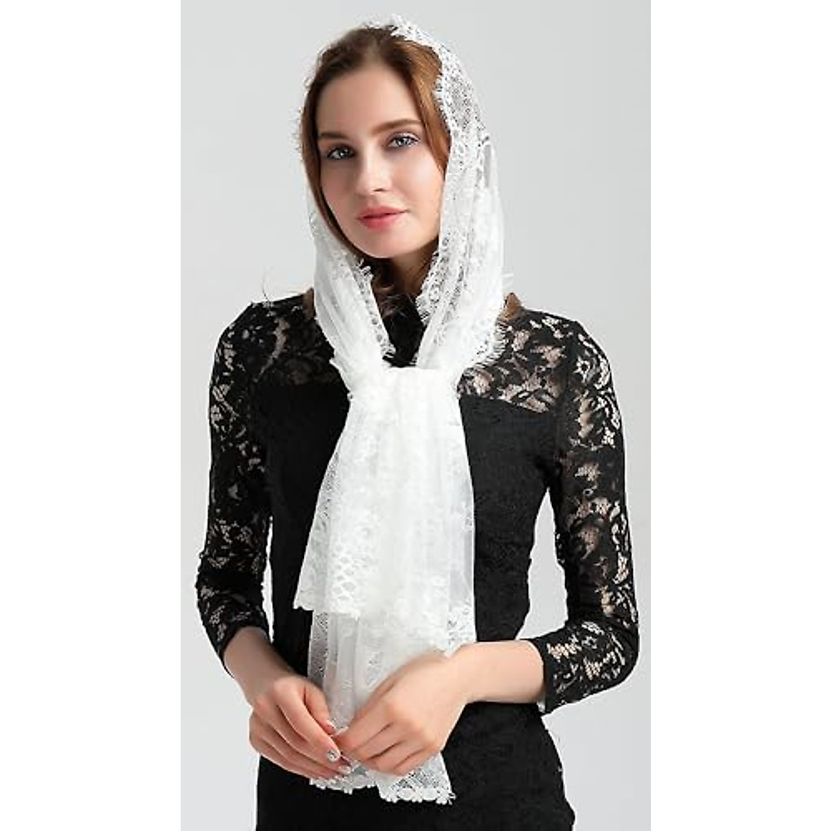 Leimandy Wedding Vintage Floral Lace Scarf Mantilla Veil Catholic Lace Shawl Party Wraps S04 (Ivory)