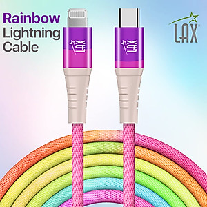 LAX Gadgets USB C to Lightning Cable - Apple MFI Certified Lightning Cable for iPhone 14/14 Plus/14 Pro/14 Pro Max, iPad, iPod - Durable Nylon Braided Fast Charging Cable - 6ft - Rainbow