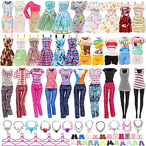 BARWA 41 Pack Doll Clothes and Accessories 5 PCS Fashion Dresses 5 Tops 5 Pants Outfits 10 PCS Mini Dresses 10shoes 6 Necklace 5 Glasses for 11.5 inch Doll
