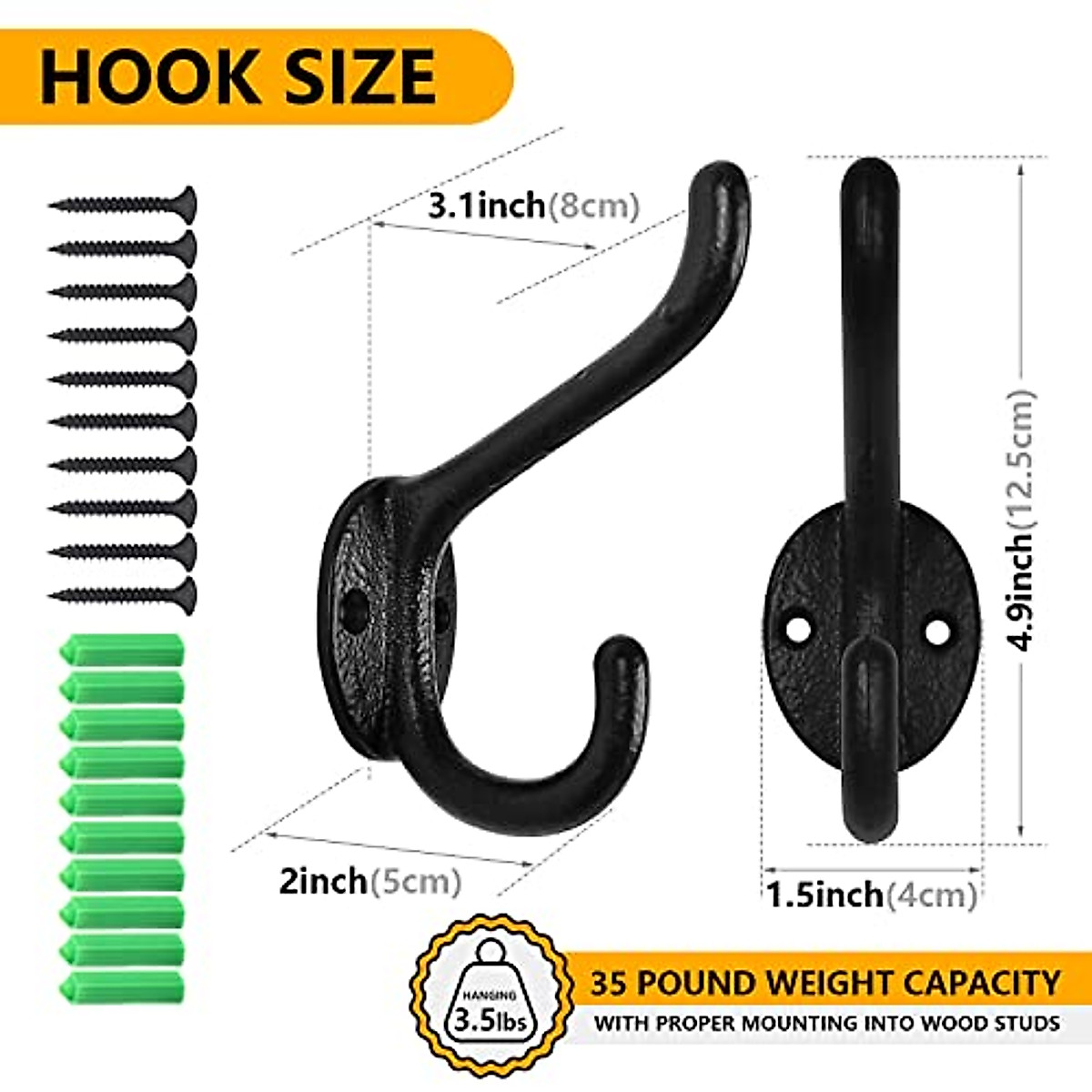 rumdraw Black Cast Iron Rustic Wall Hooks, Wall Hooks, Wall Hooks for Hanging Hats, Coats,Wall Hooks Heavy Duty