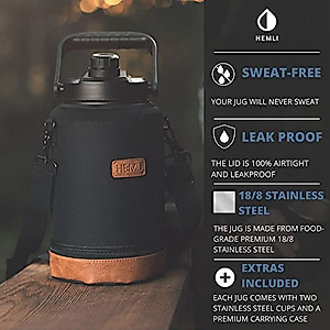HEMLI One Gallon Water Bottle Insulated, 128 oz Insulated Stainless Steel Water Bottle, One Gallon Jug, Double Wall Vacuum-Sealed Insulated Beer Growler, with Carrying Case