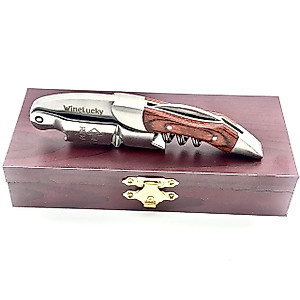 Wood Handle Wine Bottle Corkscrew Opener In A Wooden Box. Heavy Duty Sommelier Corkscrew Stainless Steel With Rosewood & Foil Cutter. An Elegant Gift For Wine Lovers & Waiters. (Brown, Rosewood)