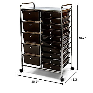 Seville Classics 15-Drawer Multipurpose Mobile Rolling Utility Storage Organizer Cart, Translucent Black