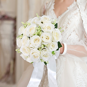 Febou Wedding Bouquets for Bride Bridesmaid Bouquet Ivory Bridal Bouquet Artificial Roses for Wedding Church Home Decoration (Ivory)