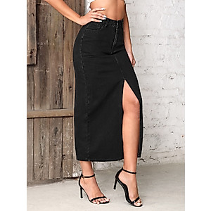 SweatyRocks Women's Casual High Waist Denim Skirt Split Hem Raw Trim Midi Jean Skirts Black L