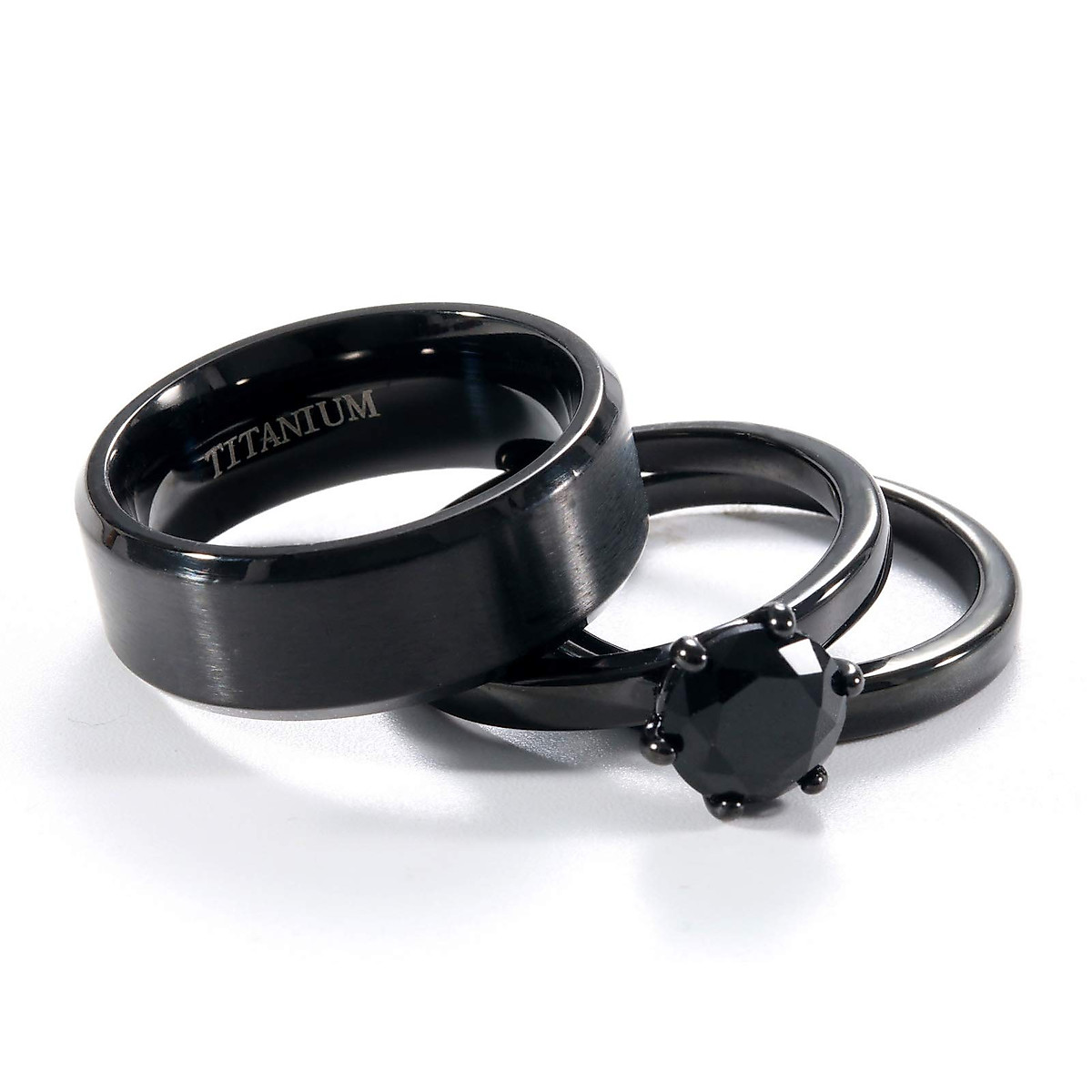 Ringcrown 2 Rings Couple Rings Bridal Sets Black Cz Womens Wedding Ring Sets Titanium Steel Man Wedding Bands