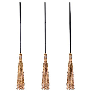 URATOT 3 Pieces Halloween Witch Broom Props Thatch Bamboo Witch Broomstick Retractable Straw Bamboo Witch Broom Party Decoration for Halloween Cosplay Favors