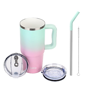 Zukro 24 oz Ceramic Coated Interior Tumbler with Handle and Straw, No Metal taste or Smell, Leakproof No Sweat Stainless Steel Coffee Cup with 2 Lids, Dishwasher Safe Insulated Travel Mug, Bubblegum