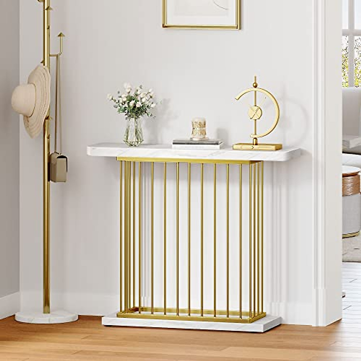 YITAHOME Gold Console Table, Modern Entryway Table with Gold Base, 40 inch Entryway Narrow Sofa Table for Entrance, Living Room, Hallway, Entryway, Faux Marble White