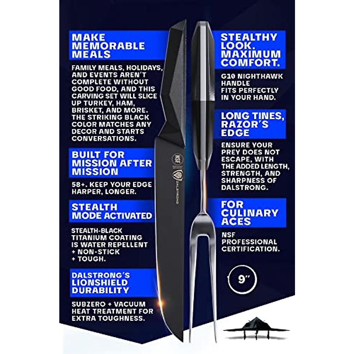 Dalstrong Carving Knife & Fork Set - 9" Blade - Shadow Black Series - Black Titanium Nitride Coated - High Carbon - 7CR17MOV-X Vacuum Treated Steel- Sheath - NSF Certified