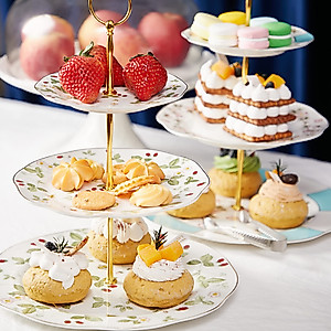 MOSTDEN 3-Tier Ceramic Cake Stand/Cupcake Stand/Dessert Stand/Tea Party Pastry Serving Platter/Food Display with A Serving Tong (Mulberry)