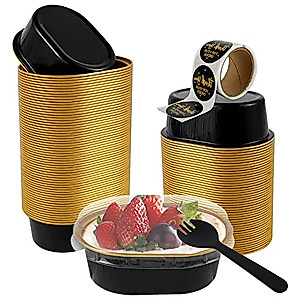 Nicoport 60Pcs Aluminum Foil Cake Container 68ml Heat-Resistant Foil Baking Cups with Clear Lids and Spoons Mini Oval Cake Pan Reusable Small Cheesecake Muffin Pan for Cake Cheese Dessert