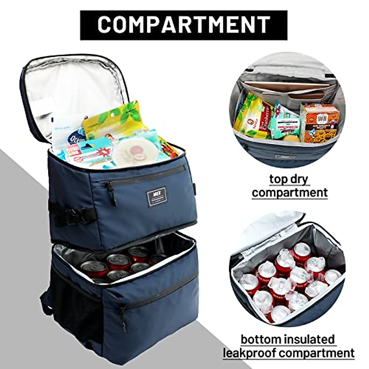 MIER Insulated Cooler Backpack Leakproof 2 Compartment Back Pack Cooler Bag Large Waterproof Lunch Backpack with Coolers for Men Women to Work Beach Picnics Camping Hiking, Double Deck (25 L, Navy)